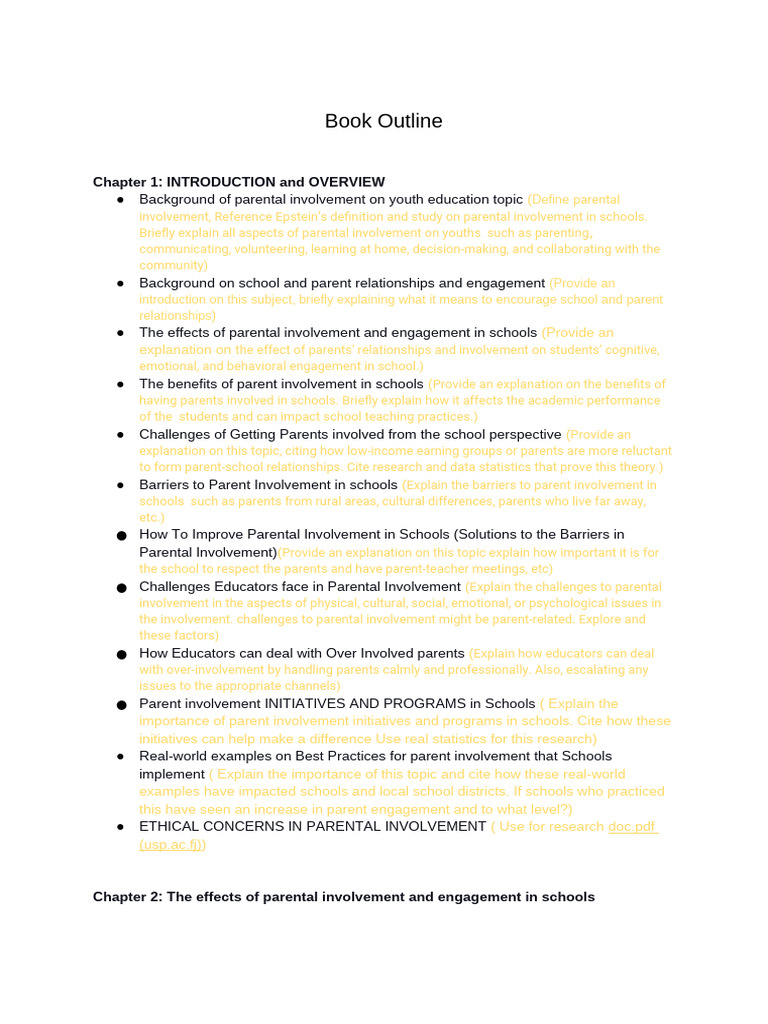 Parent Involvement Book Outline For Writer | PDF | Teachers | Self Esteem