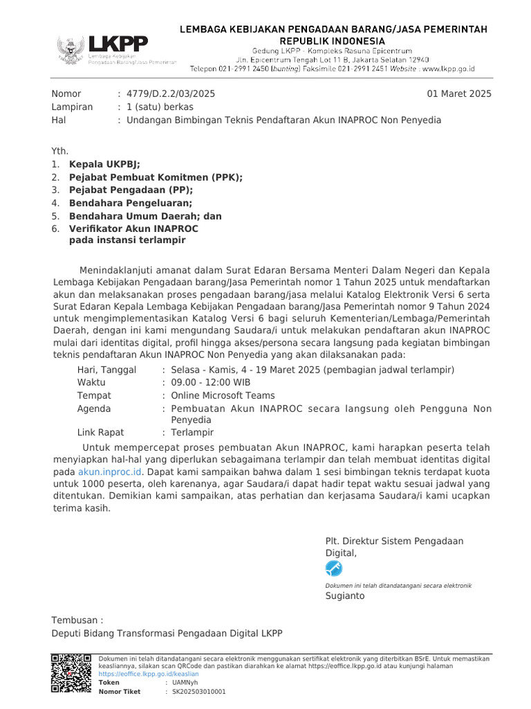 Undangan Bimtek Pembuatan Akun INAPROC Non Penyedia 4-19 Mar 25 | PDF