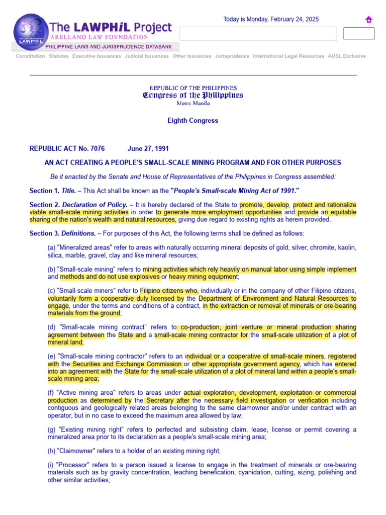 REPUBLIC ACT No. 7076 | PDF | Mining | Royalty Payment