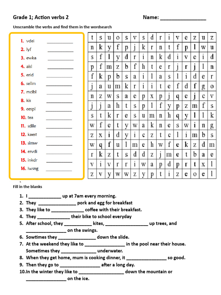 Grade 1 Action Verbs Worksheet | PDF