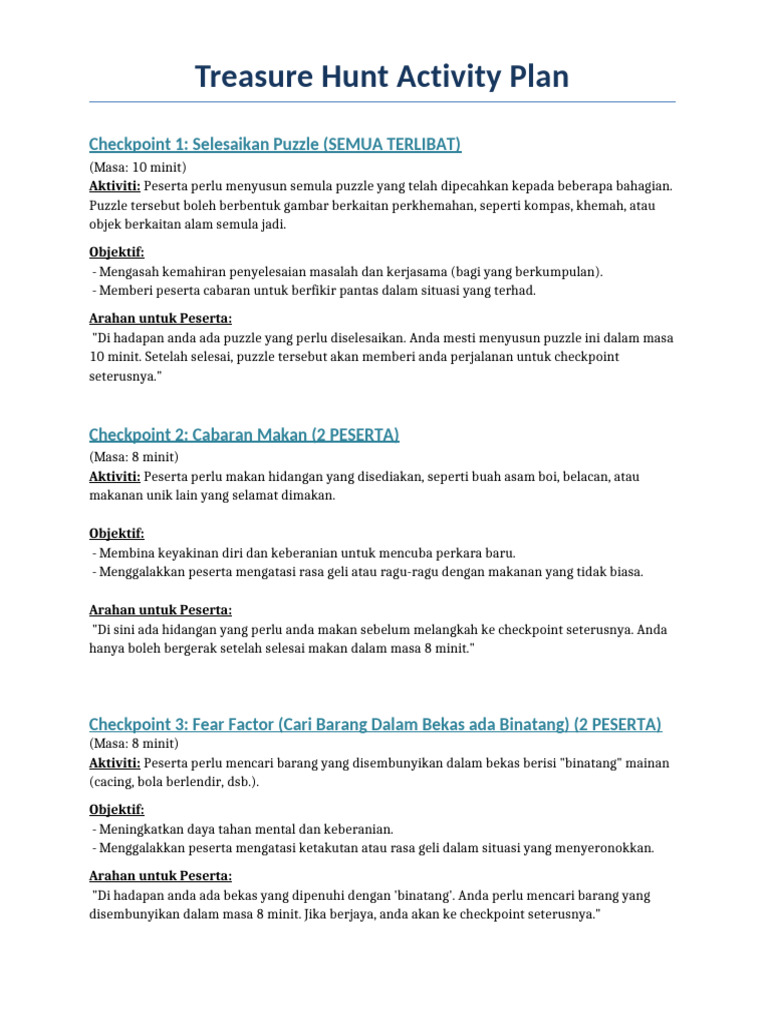 Treasure Hunt Activity Plan | PDF