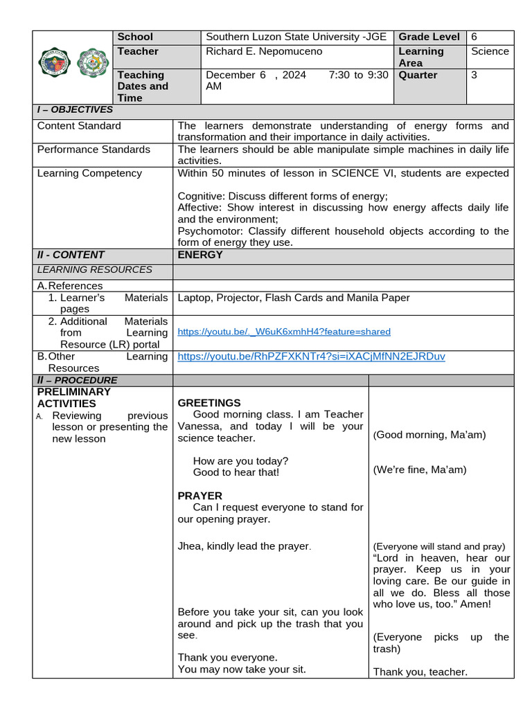 Detailed Lesson Plan in Bio Chem BEED-2-Bio-Chem | PDF ...