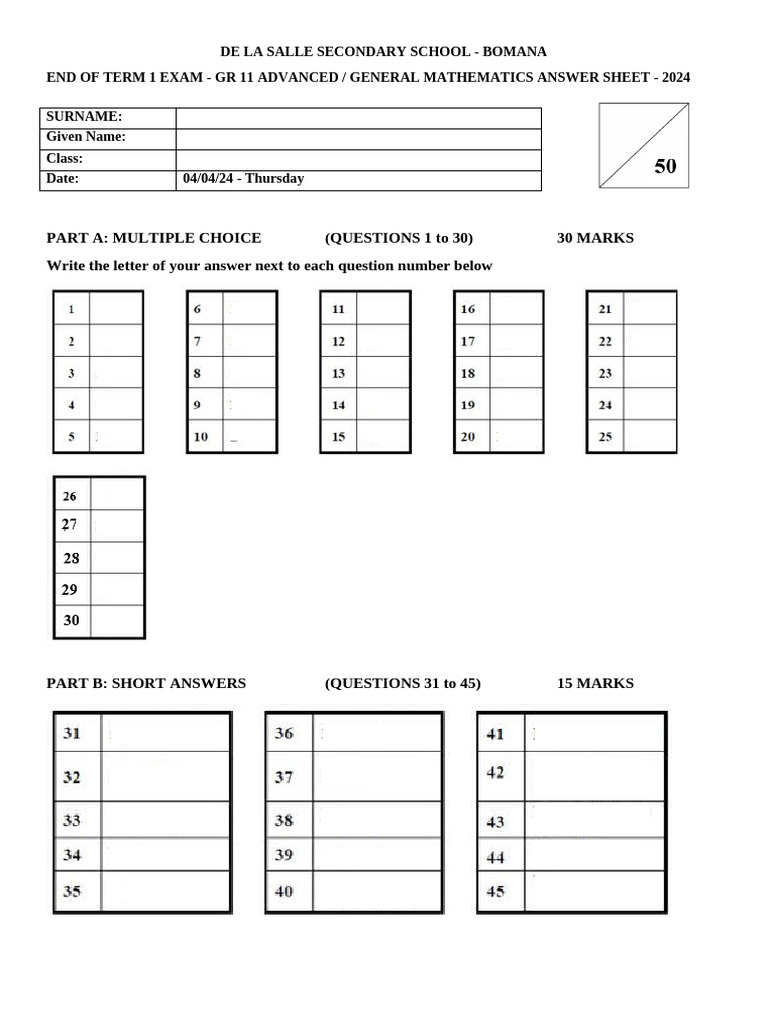Answer Sheet GR 11 Eot Exam | PDF