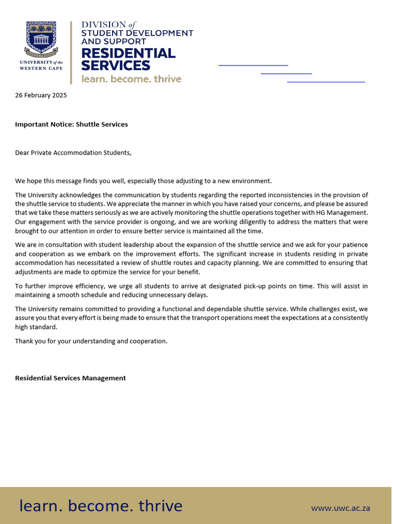UWC Shuttle Service Update 2025 | PDF