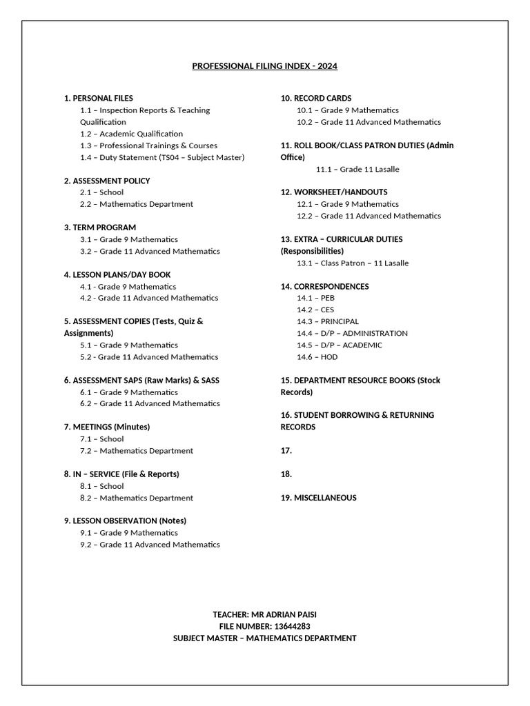 Professional Filing Index - MR Paisi | PDF | Teaching | Learning