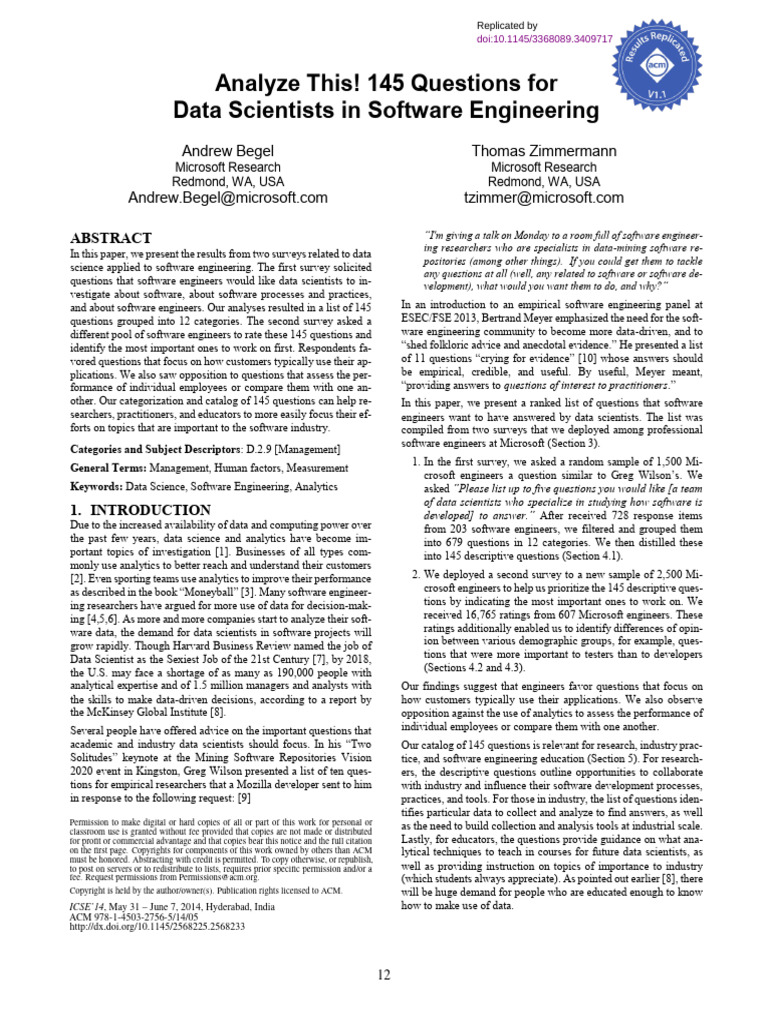 145 Questions For Data Scientists In Software Engineering Pdf