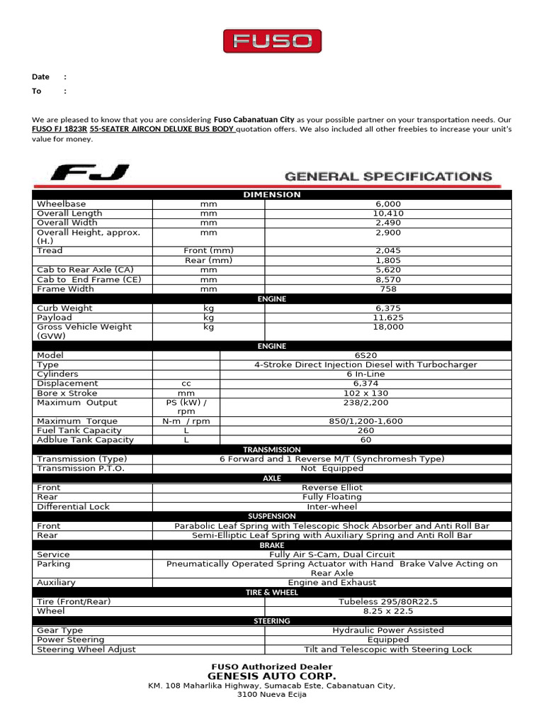 Quotation - FJ 1823R 55-Seater Aircon Deluxe Bus Body | PDF | Truck | Motor Vehicle