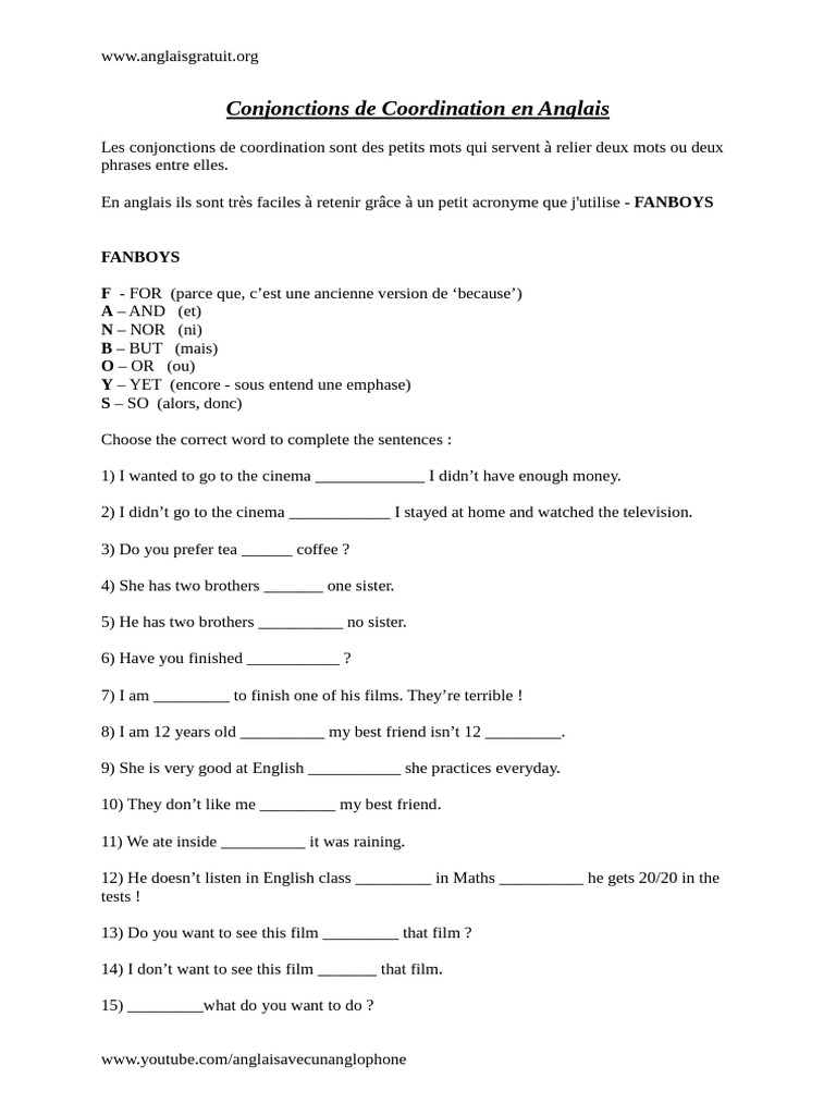 Conjonctions de Coordination en Anglais | PDF