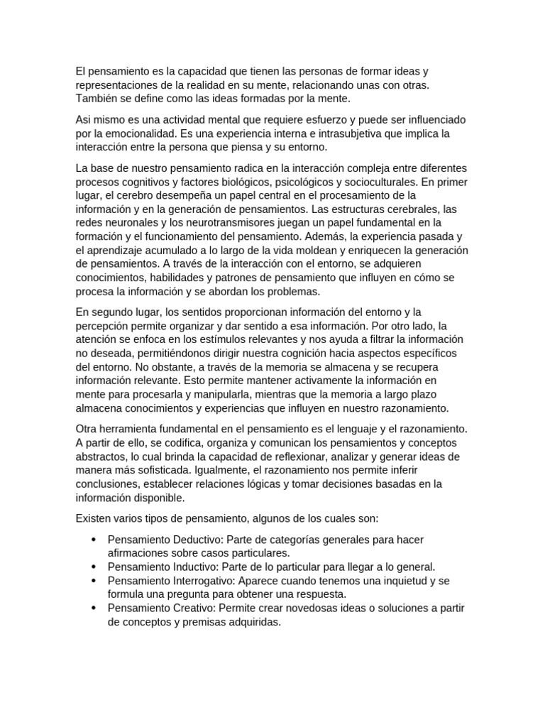 Definición y Tipos de Pensamiento Cognitivo | PDF | Pensamiento | Mente