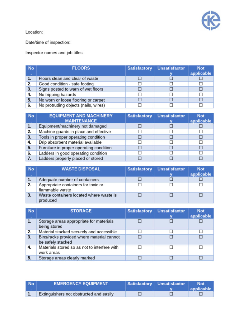 Workplace Inspection Checklist | PDF | Dangerous Goods | Safety