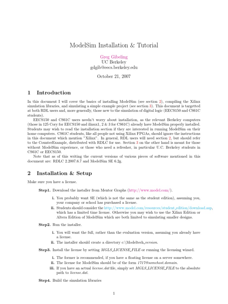 Modelsim Installation & Tutorial: Uc Berkeley Gdgib@Eecs - Berkeley.Edu October 21, 2007 | PDF ...