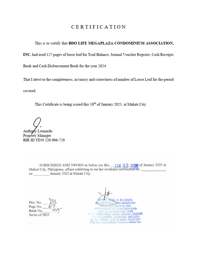 Certification of Loose Leaf Usage 2024 | PDF
