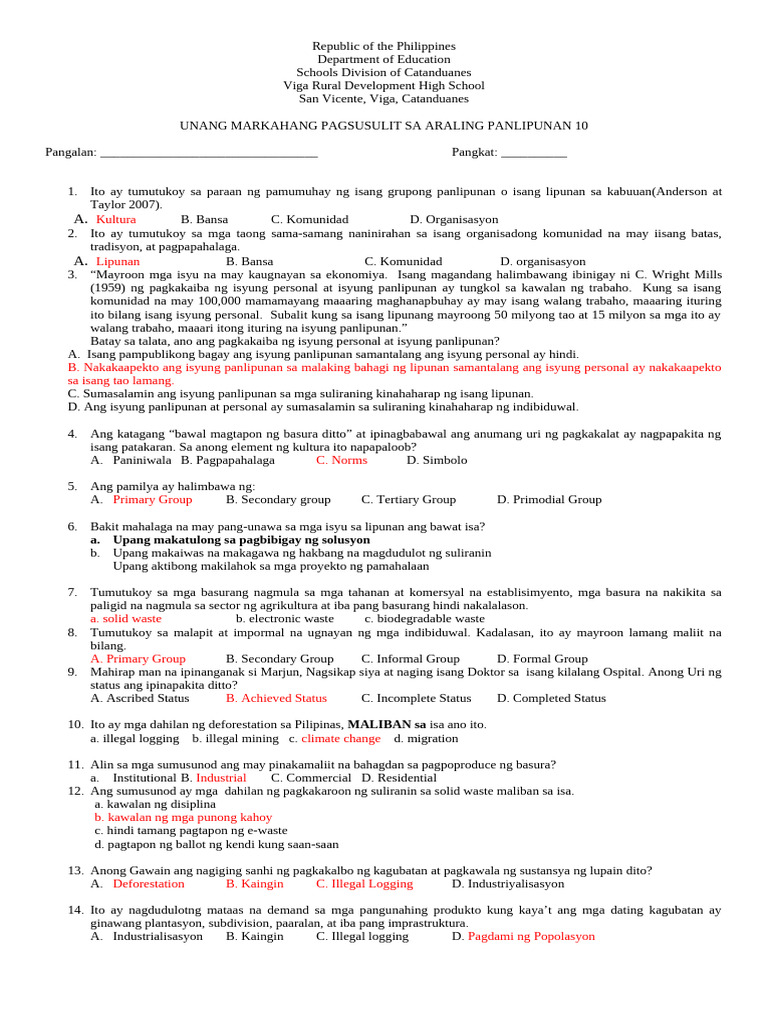 1st Quarter Exam AP10 With Key | PDF