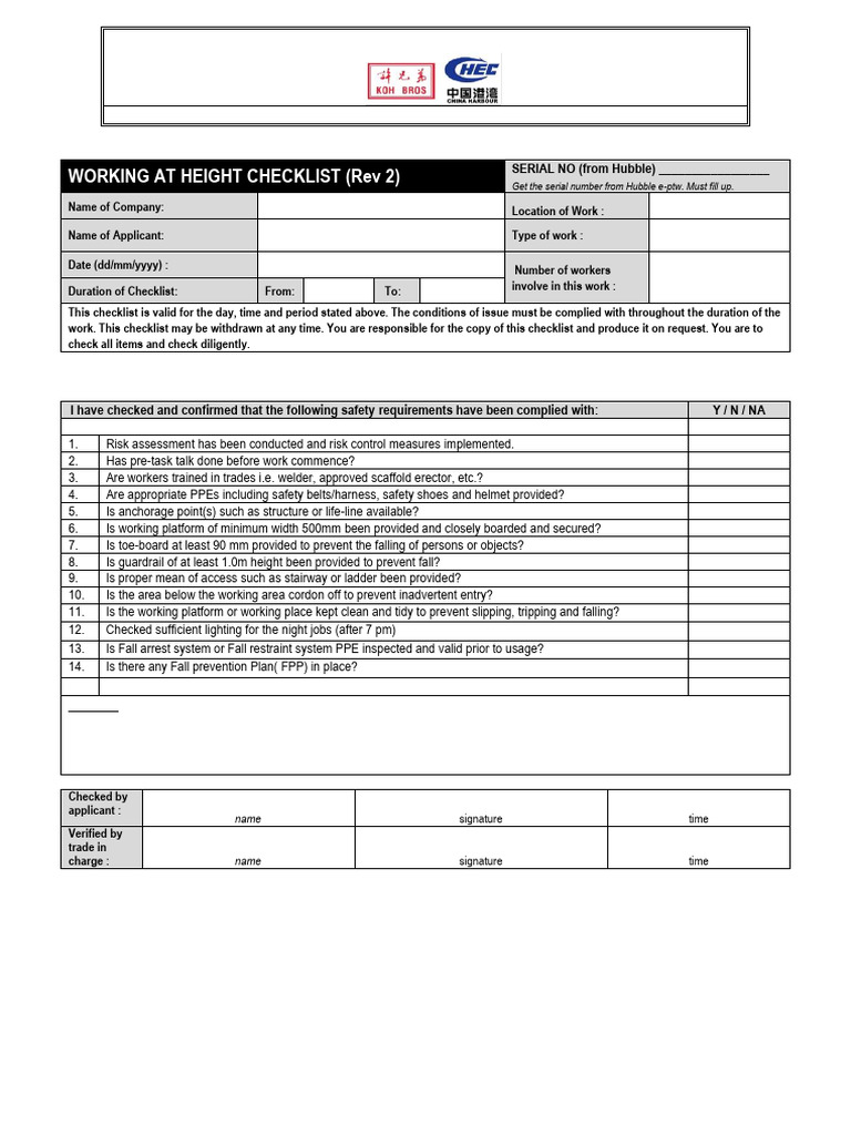 C2A - Work at Height Checklist - Rev 2 | PDF | Safety | Occupational ...