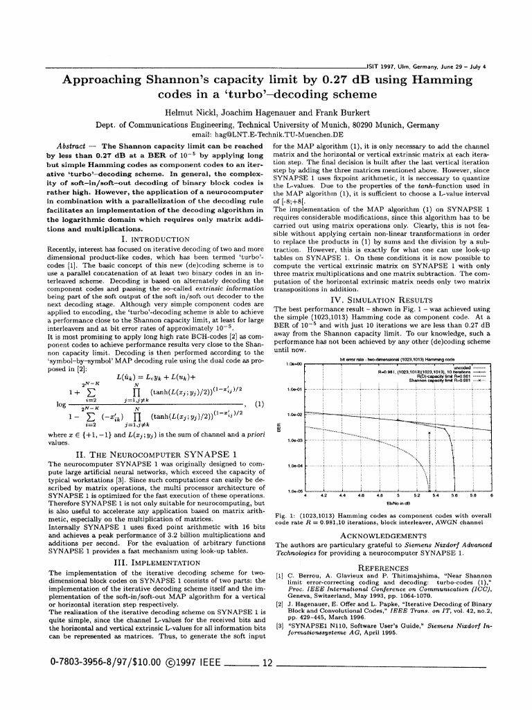 Approaching Shannon’s capacity limit by 0.27 dB using Hamming | PDF | Matrix (Mathematics ...
