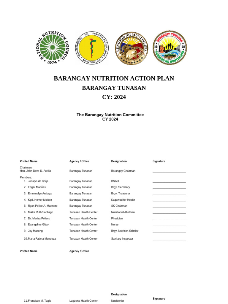 Barangay Nutrition Action Plan 2024 | PDF