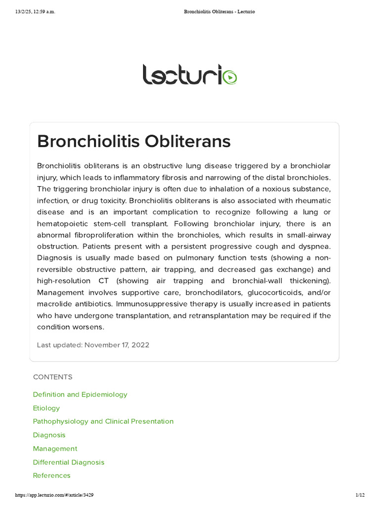 Bronchiolitis Obliterans - Lecturio | PDF | Lung | Chronic Obstructive Pulmonary Disease