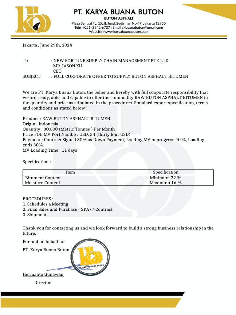 Buton Asphalt Bitumen Supply Offer | PDF