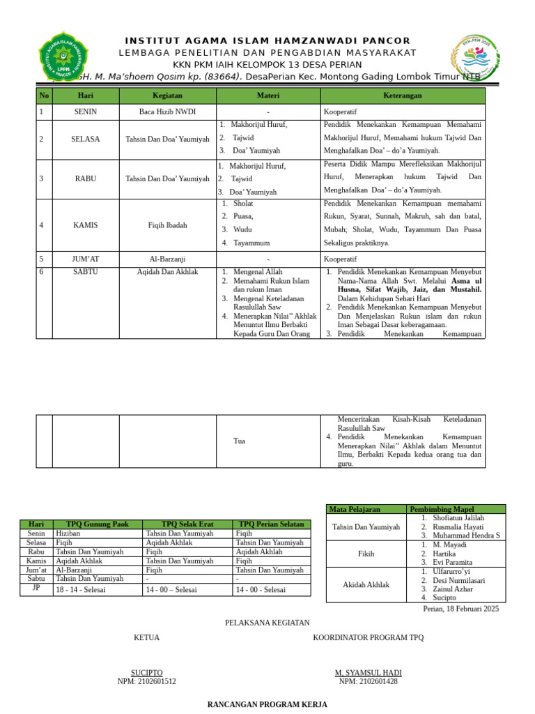 Kalender Kerja Bina Tpq Desa Perian Sebelum Dan Sesudah Bulan Suci ...