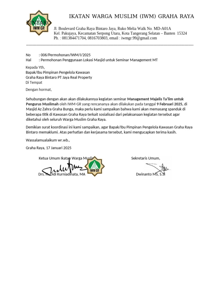 Surat Spanduk Pelatihan IWM - MT | PDF