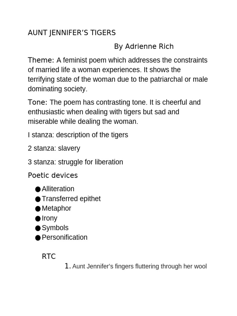 AUNT JENNIFER'S TIGER | PDF