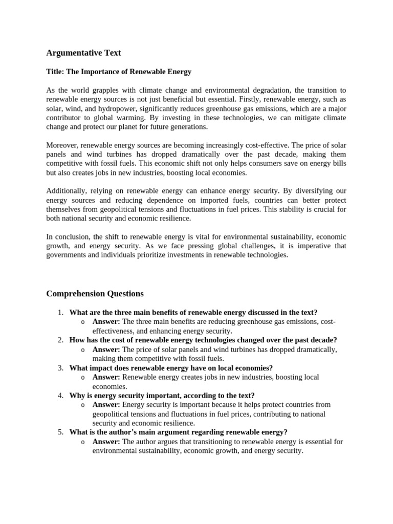 Argumentative Text - Grade10 | PDF | Renewable Energy | Energy Development