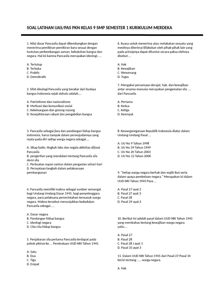 Soal Latihan Uas PKN KLS 9 | PDF