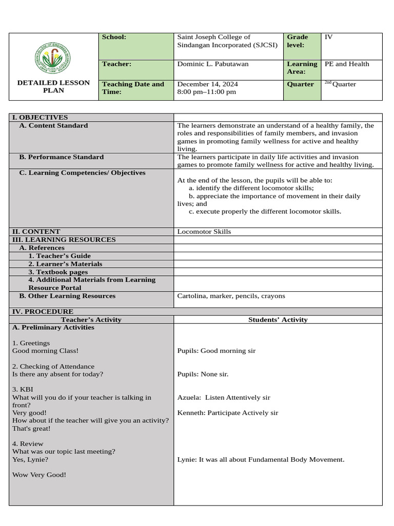 Final LP in Fs1 Locomotor Skills | PDF | Teachers | Cognitive Science