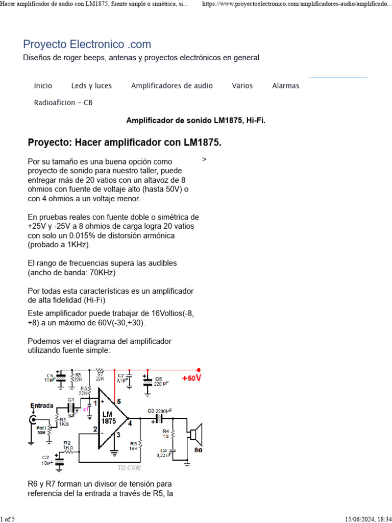 Amplificador de Audio Con LM1875 | PDF | Amplificador | Electrónica