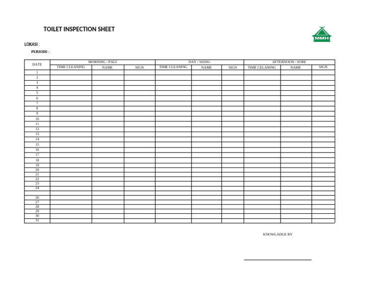 Toilet Inspection Sheet Phm | PDF