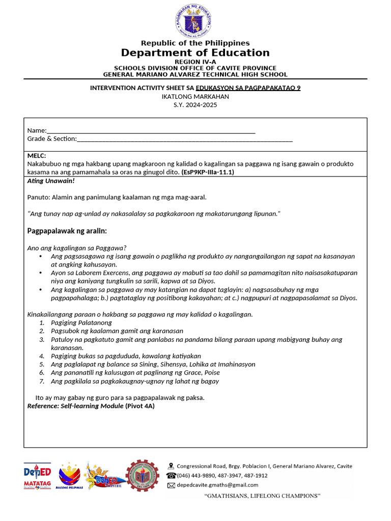 INTERVENTION-ACTIVITY-SHEET-ESP-9-Q3-Kagalingan Sa Paggawa | PDF