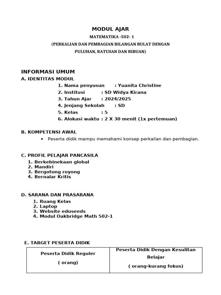 Modul Ajar: MATEMATIKA - 502-1 (Perkalian Dan Pembagian Bilangan Bulat Dengan Puluhan, Ratusan ...