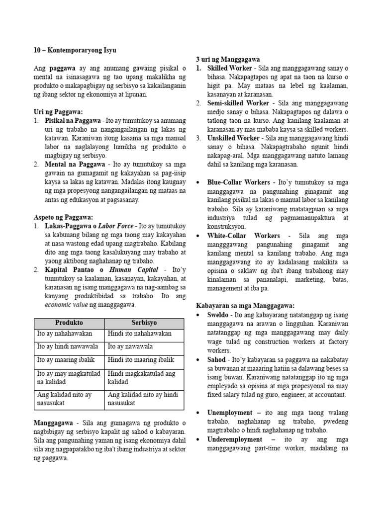 AP 10 Paggawa Notes | PDF