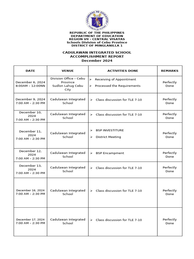 December 2024 Accomplishment Report | PDF