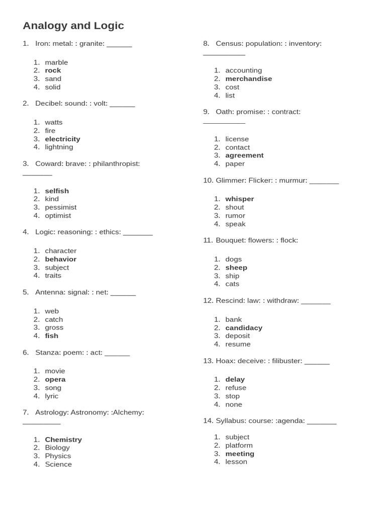 Analogy and Logic With Answers | PDF