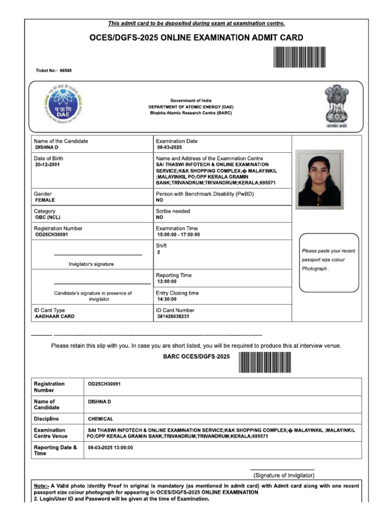 Barc Admit Card | PDF