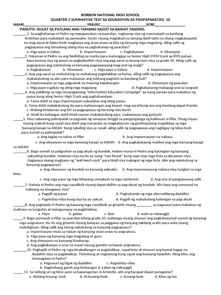 ESP10 Q2-SUMMATIVE1 21-22 Final | PDF