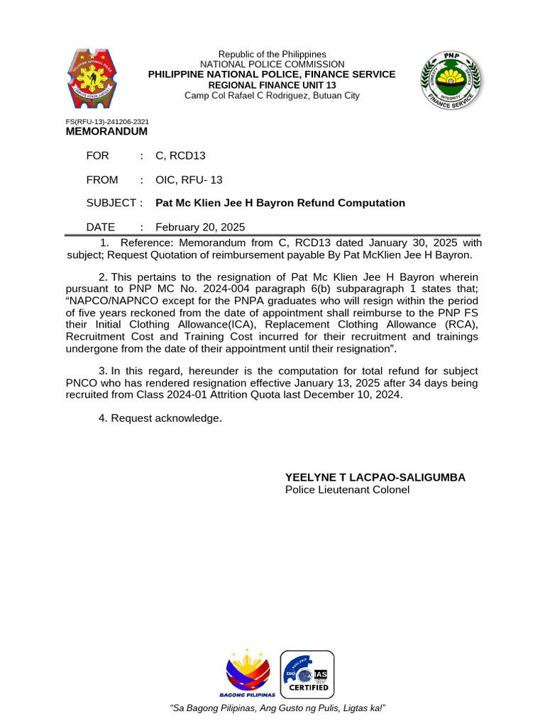 PNP Refund Computation for Resignation | PDF | Law Enforcement | Crime ...