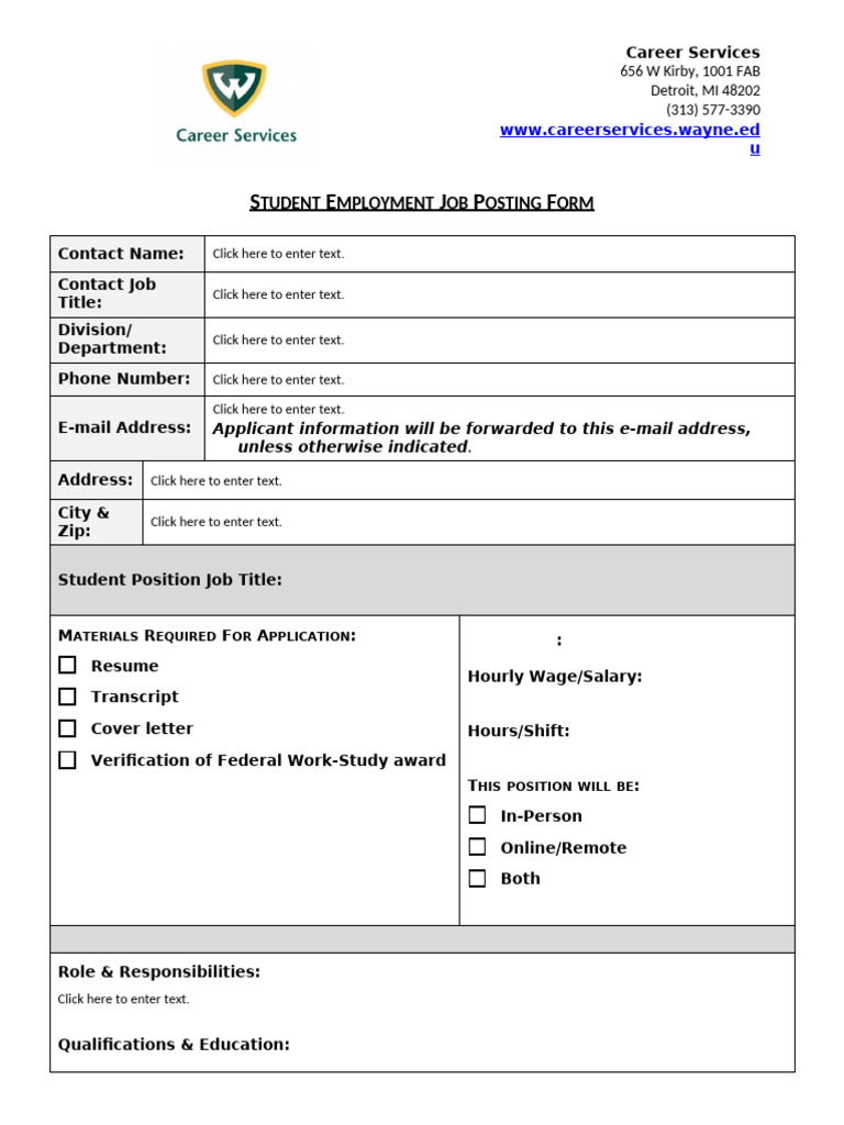 Student Employment Job Posting Form - Update - Fall 2020 | PDF