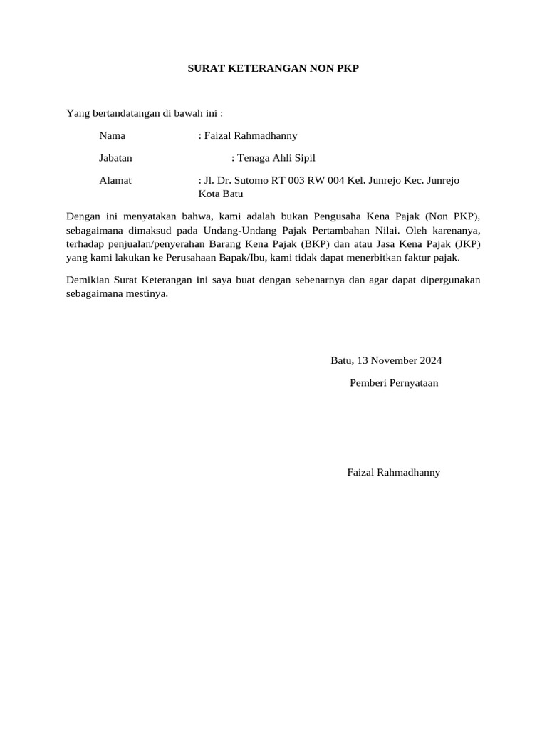 Surat Keterangan Non PKP Faizal | PDF