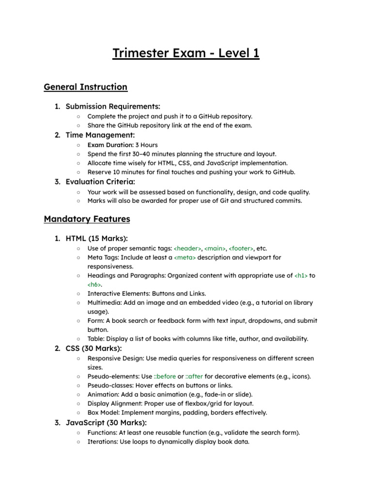 Trimester Exam - Level 1 _ School of Technology | PDF | Html Element | Computer Programming
