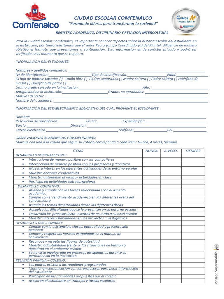 Formulario Registro Académico Disciplinario y Relación Intercolegial ...