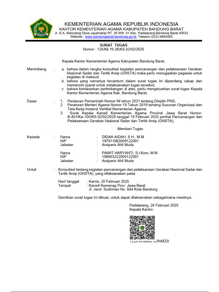 Surat Tugas Pawit Haryanti DKK 20022025 | PDF