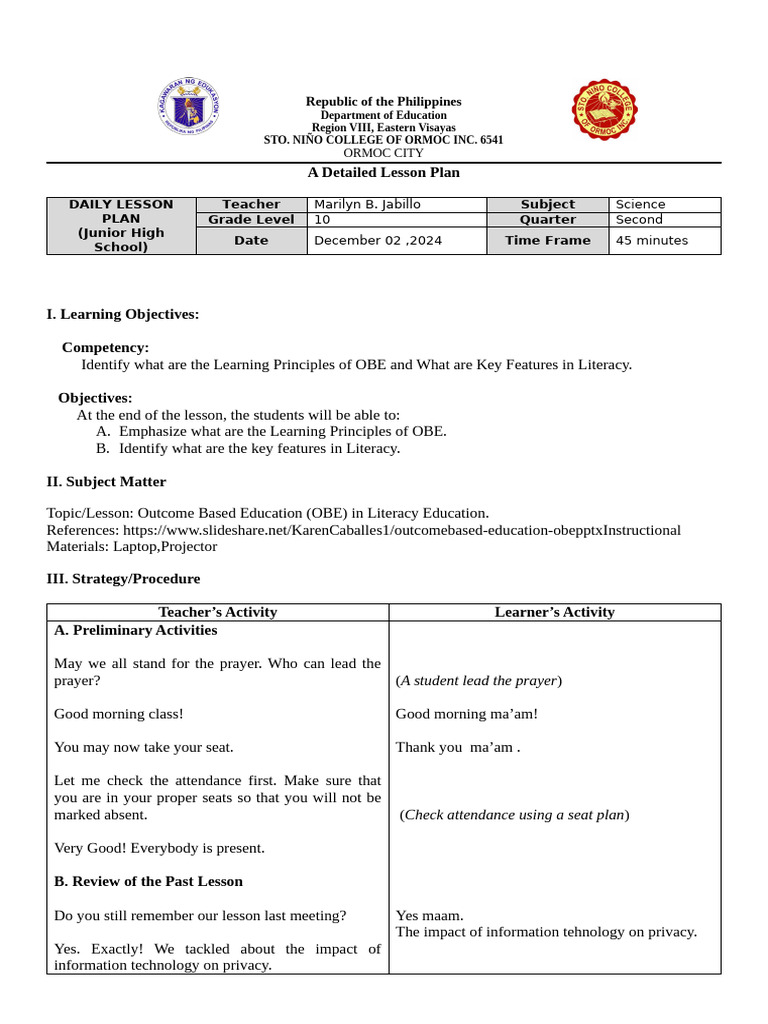 OBE Lesson Plan for Grade 10 Science | PDF | Educational Assessment ...