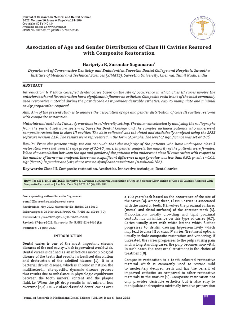 Association of Age and Gender Distribution of Class III Cavities ...