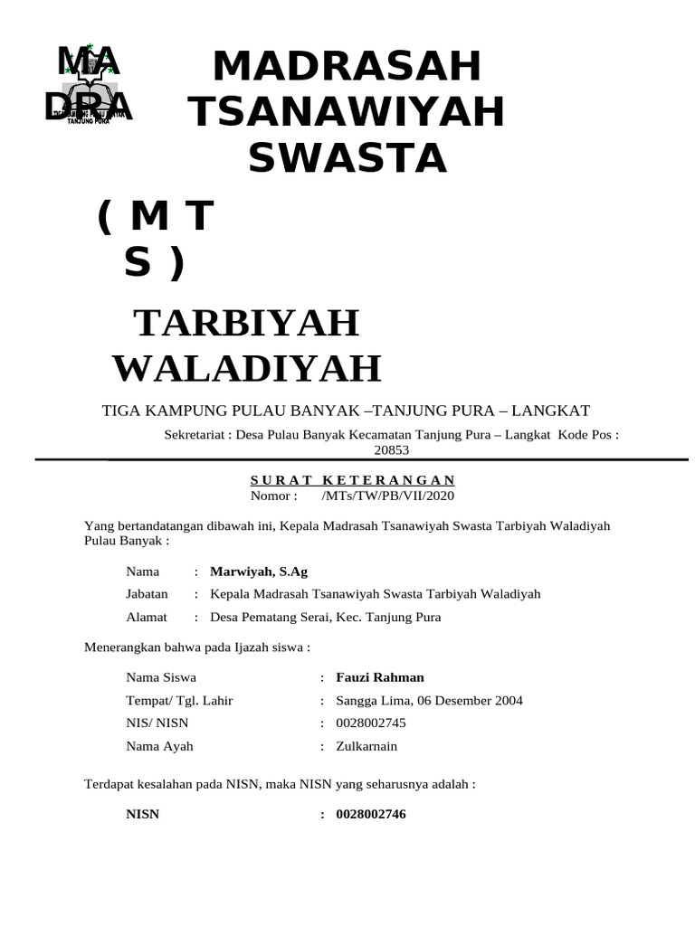 Surat Keterangan Kesalahan NISN | PDF