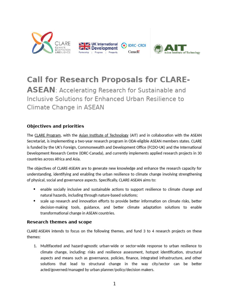 CLARE-ASEAN Research Proposal Call | PDF | Climate Resilience