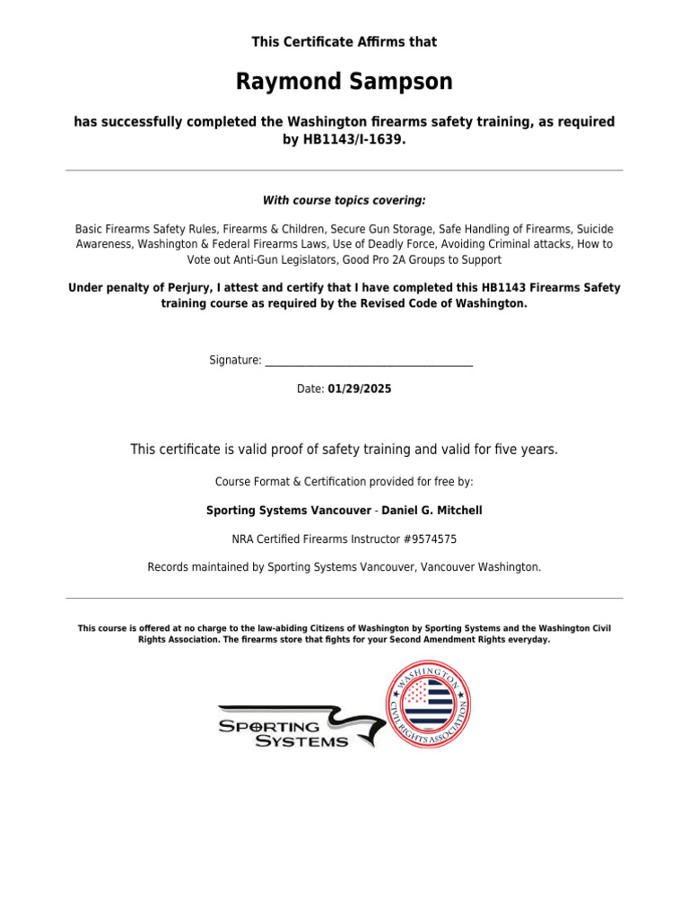 HB1143 Firearms Safety Training Certificate | PDF