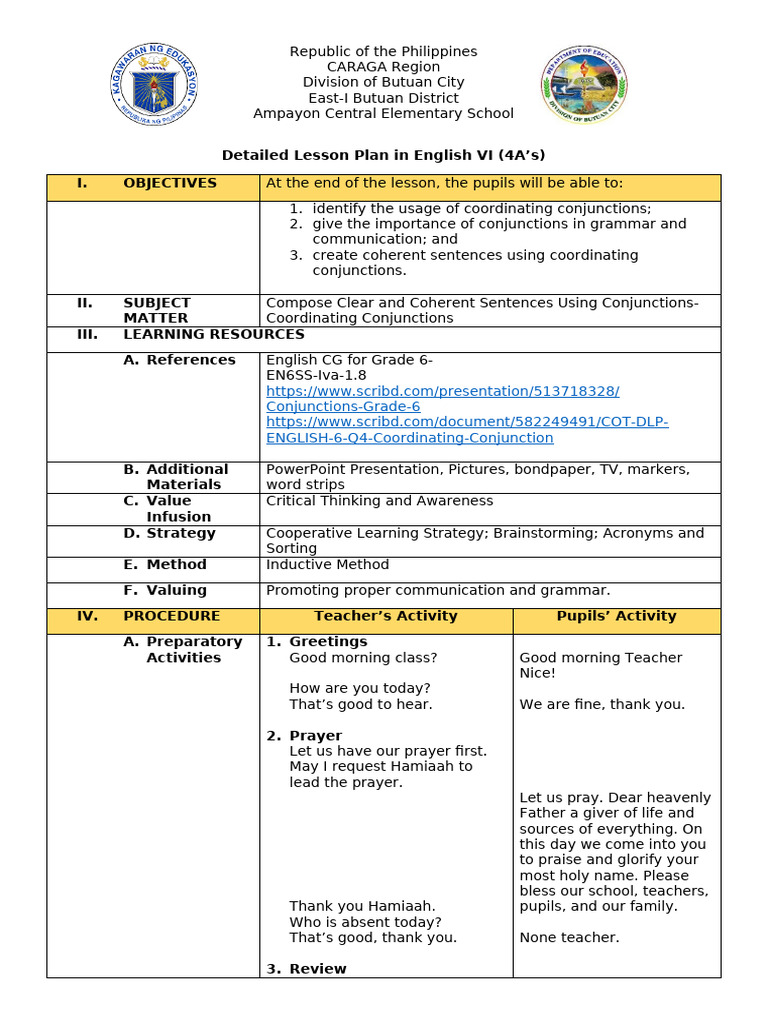Lesson Plan-Coordinating Conjunction | PDF | Linguistics | Language ...