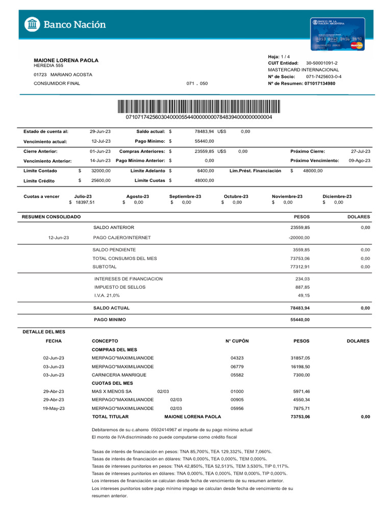 Resumen de Cuenta Mastercard Junio 2023 | PDF | Tarjeta de crédito ...